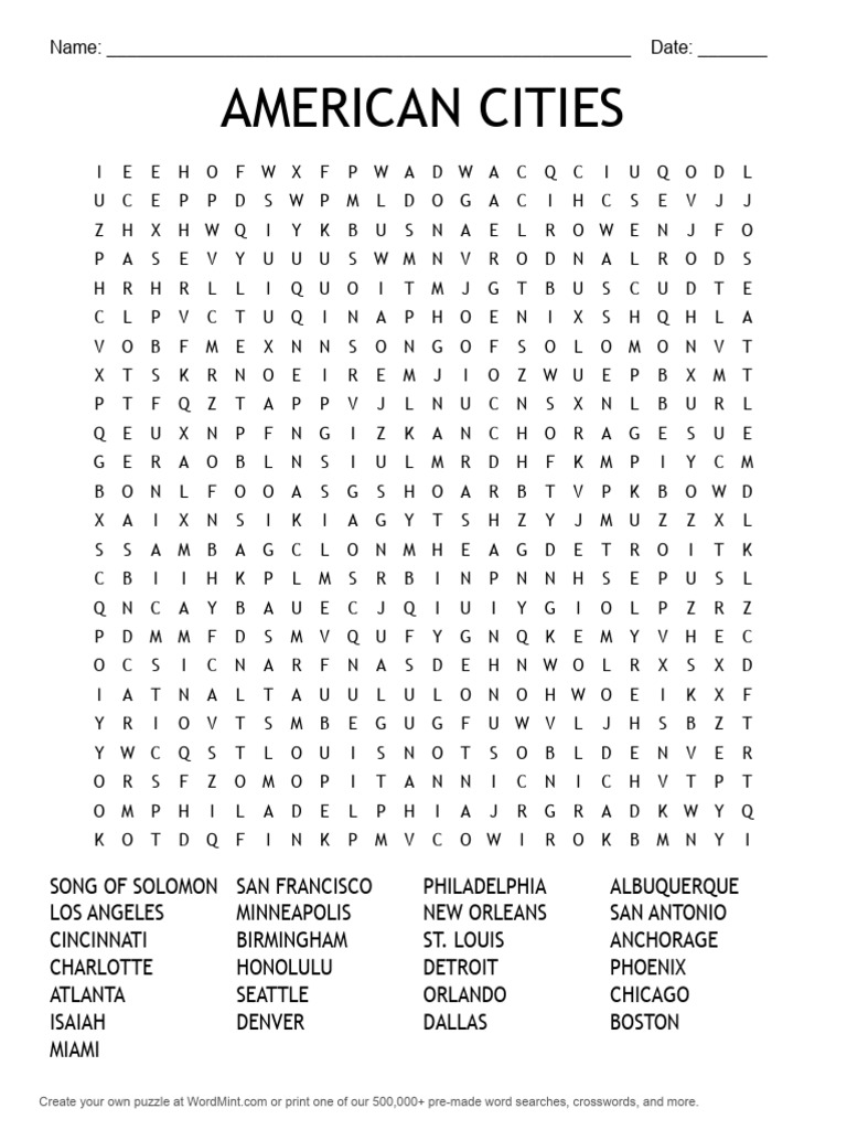 Cities in USA Wordsearch | PDF | Linguistics | Games Of Mental Skill