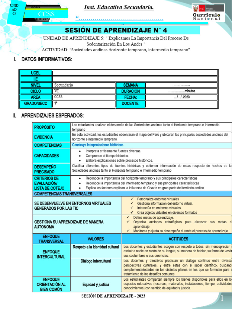 Sesion CCSS 1° Sec-Semana 02 Uni 5 (Proyecto Educativo) | PDF | Aprendizaje | Enseñando