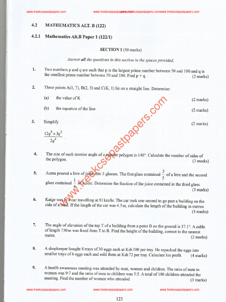Kcse 2022 Maths Alt.b Pp1 Pp2 Questions | PDF
