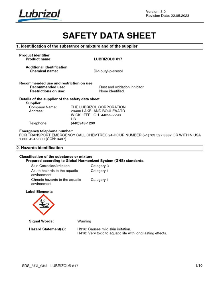 SDS_LUBRIZOL-817 | PDF | Personal Protective Equipment | Toxicity