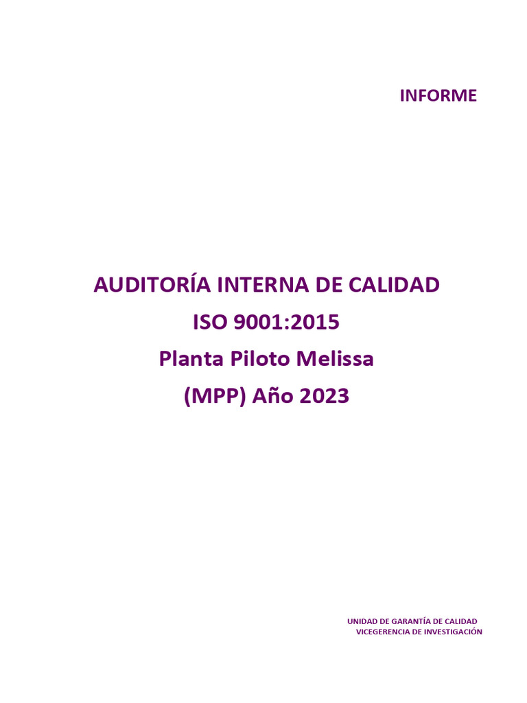 AUDITORÍA INTERNA DE CALIDAD ISO 9001:2015 Planta Piloto Melissa | PDF ...