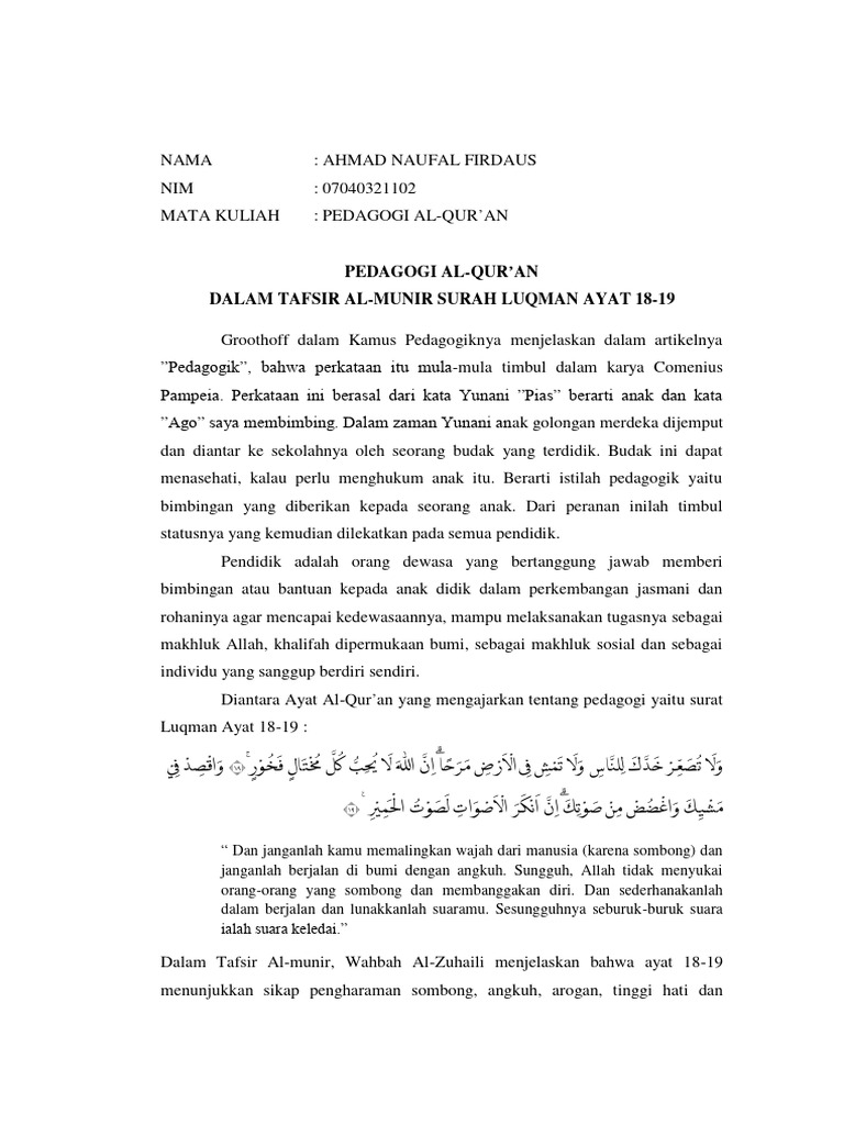Pedagogi Al-Qur'an dalam tafsir Al-Munir surah luqman ayat 18-19 | PDF