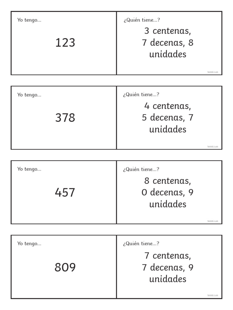 Tarjetas de Emparejar N Meros de Tres D°gitos - Centenas, Decenas y Unidades | PDF
