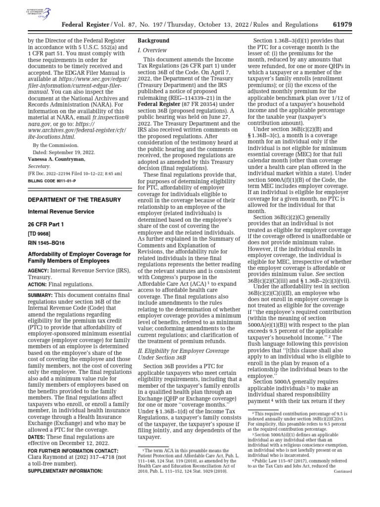 IRS Rule: FINAL REGULATION, IRC SEC. 36B | PDF | Employment | United ...