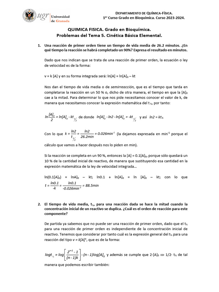 Problemas Tema 5 2324 RESUELTOS | PDF | Cinética química | Gases