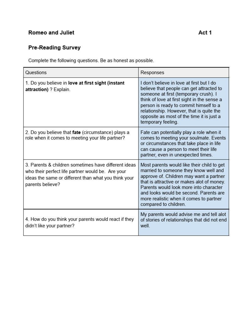 R and J Act 1 Worksheet | PDF | Characters In Romeo And Juliet | Love