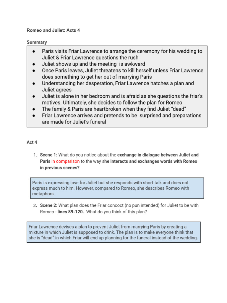 Act 4 Questions | PDF | Characters In Romeo And Juliet | Romeo And Juliet