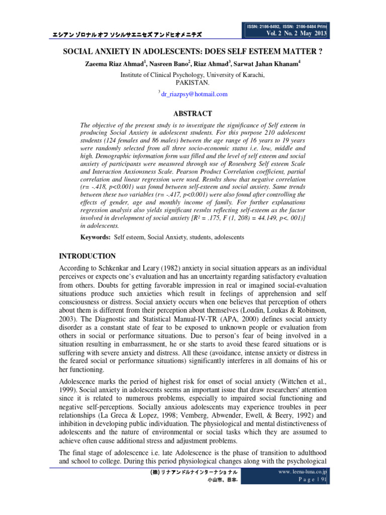 Social Enxiety and Self-Esteem | PDF | Self Esteem | Psychological Concepts