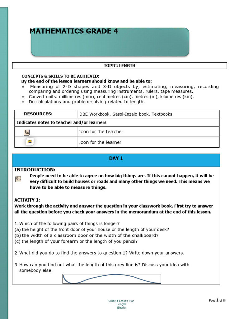 Lesson Plan Gr. 4 Mathematics Length | PDF | Length | Measurement