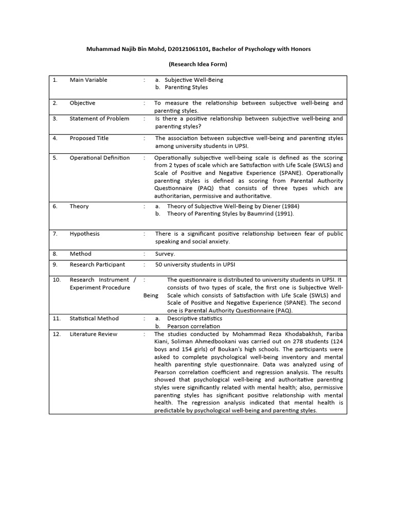 New Research Idea Form | PDF | Parenting | Well Being