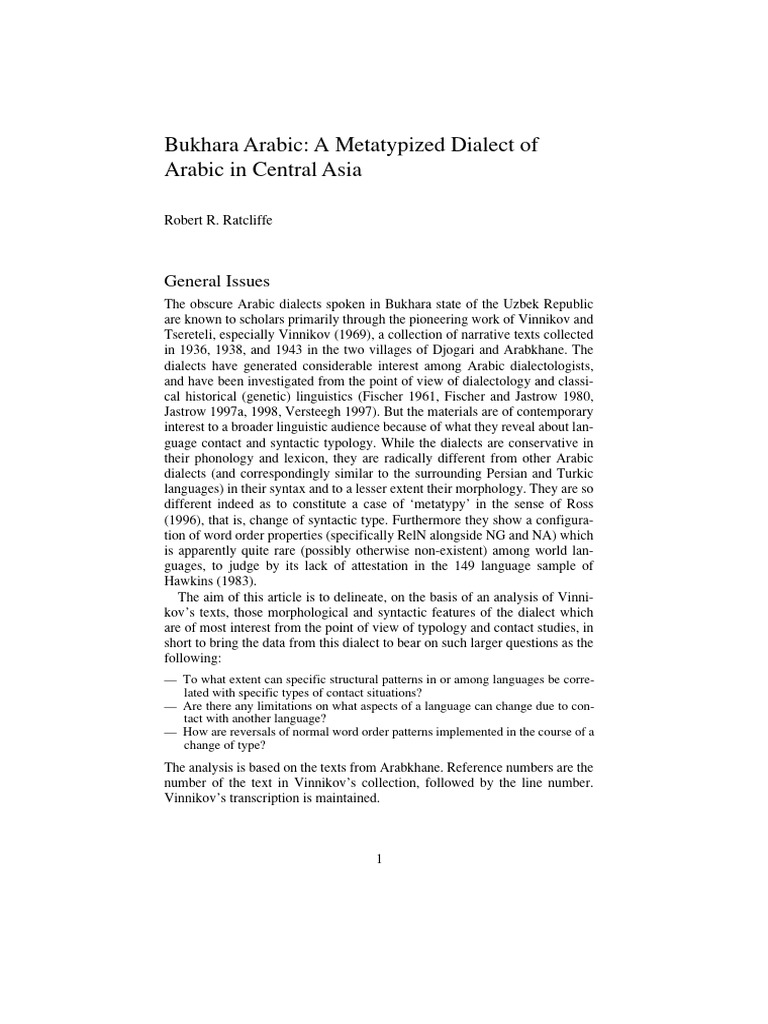(Ratcliffe R.R.) Bukhara Arabic A Metatypized Dia | PDF | Arabic ...