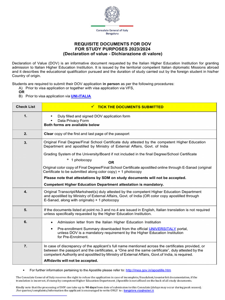 DOV Checklist Bangalore | PDF | Consul (Representative) | Travel Visa