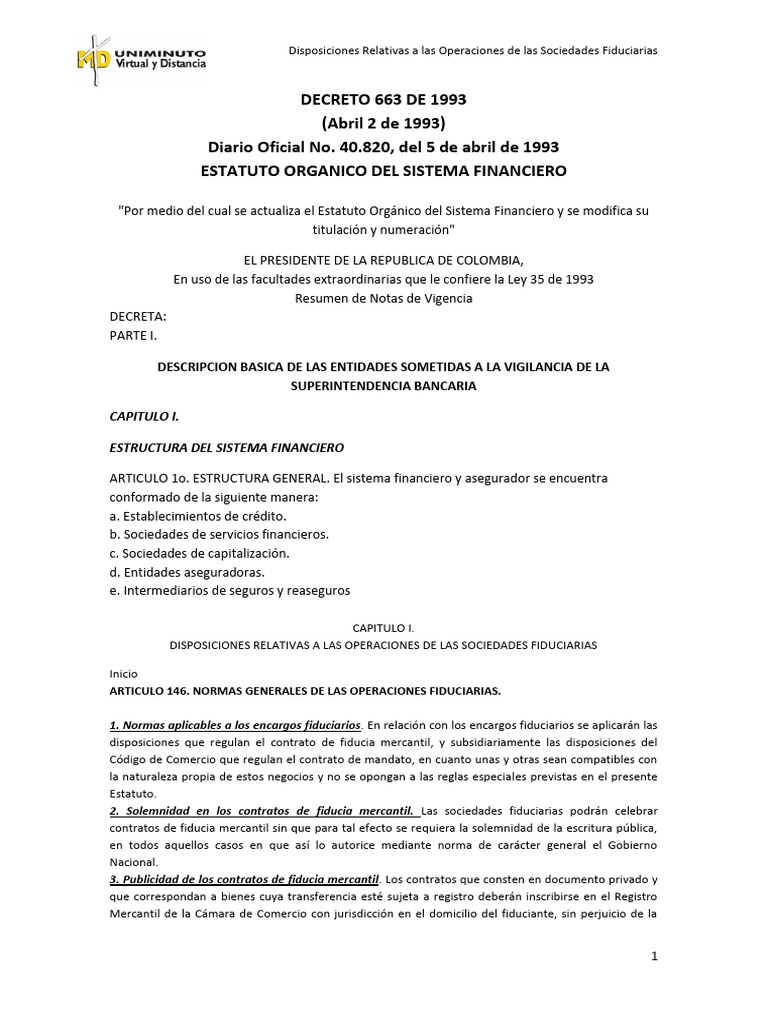 Eosf - Decreto 663 de 1993 - Fiducia | PDF | Bancos | Derecho privado