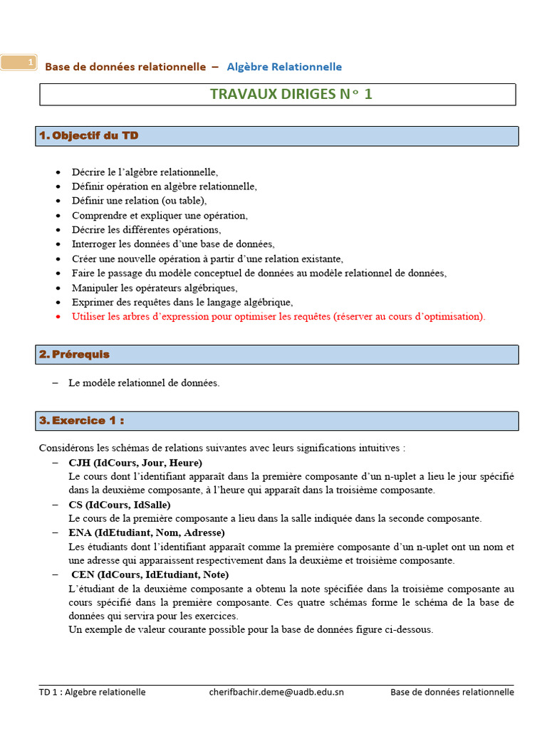 02 - TD 01 - Algèbre Relationnelle | PDF | Modèle relationnel | Base de données relationnelle