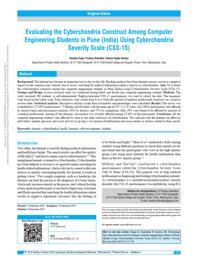 Evaluating The Cyberchondria Construct Among.5 | PDF | Anxiety | Health ...