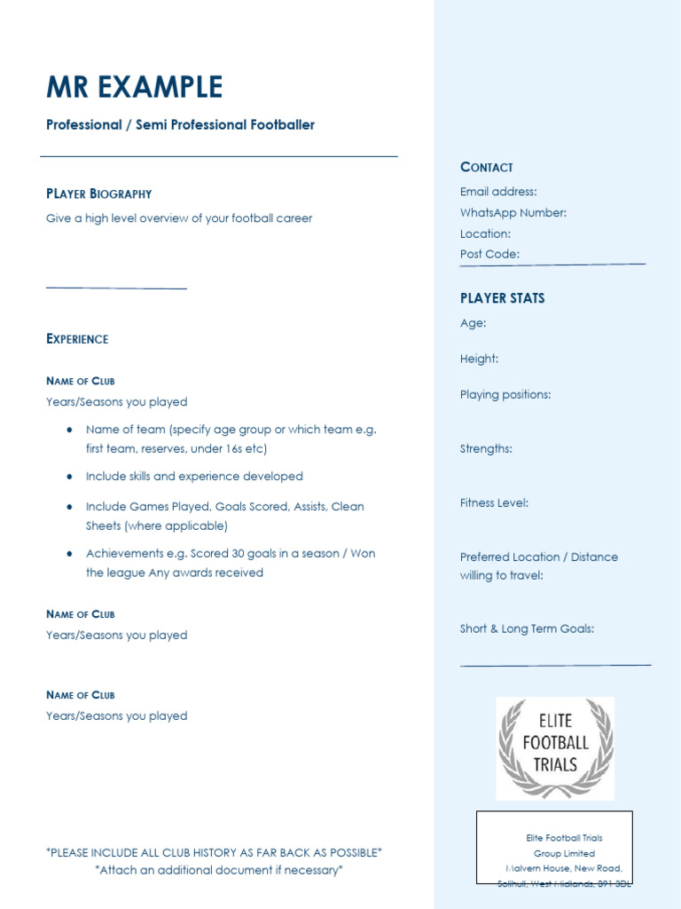 Football CV Template - Elite Football Trials | PDF
