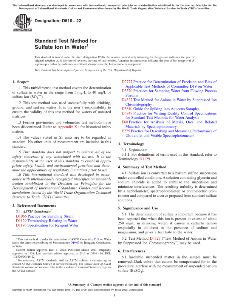 ASTM D516-22 Sulfate Ion in Water | PDF | Chemical Substances | Chemistry