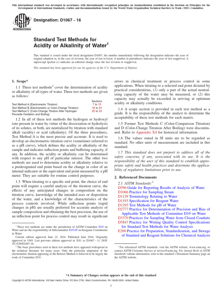 D1067 Standard Test Methods For Acidity or Alkalinity of Water | PDF ...