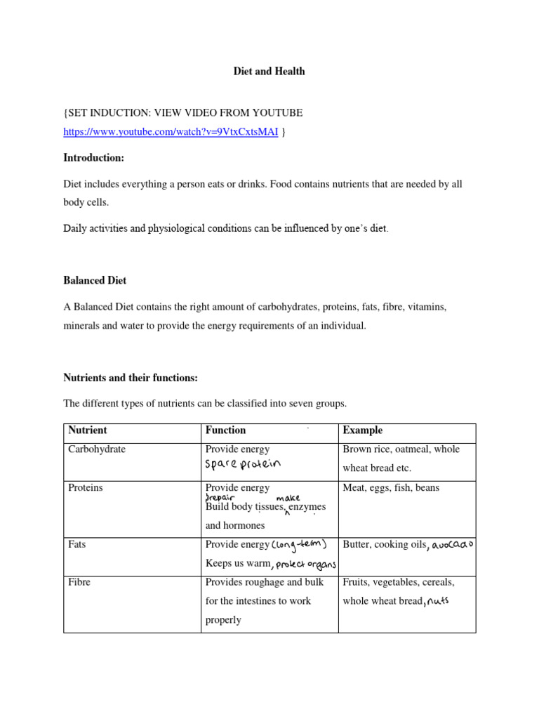 NOTE 1 - Diet and Health | PDF | Food Energy | Diet (Nutrition)