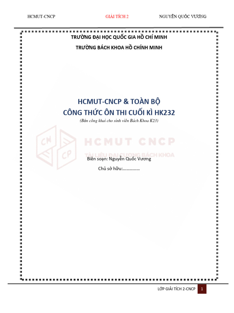File Toàn Công Thức Giải Tích 2 Cuối Kì HK232 | PDF