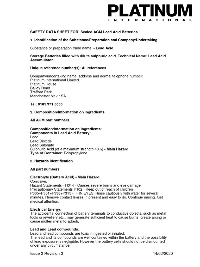Platinum AGM Automotive Battery MSDS - 14-02-2020 | PDF | Sulfuric Acid ...