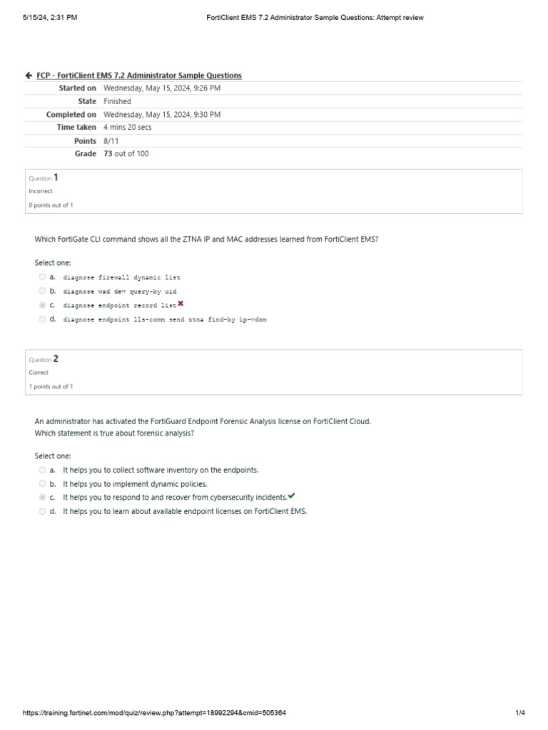 FortiClient EMS 7.2 Administrator Sample Questions - Attempt Review1 | PDF | User (Computing ...