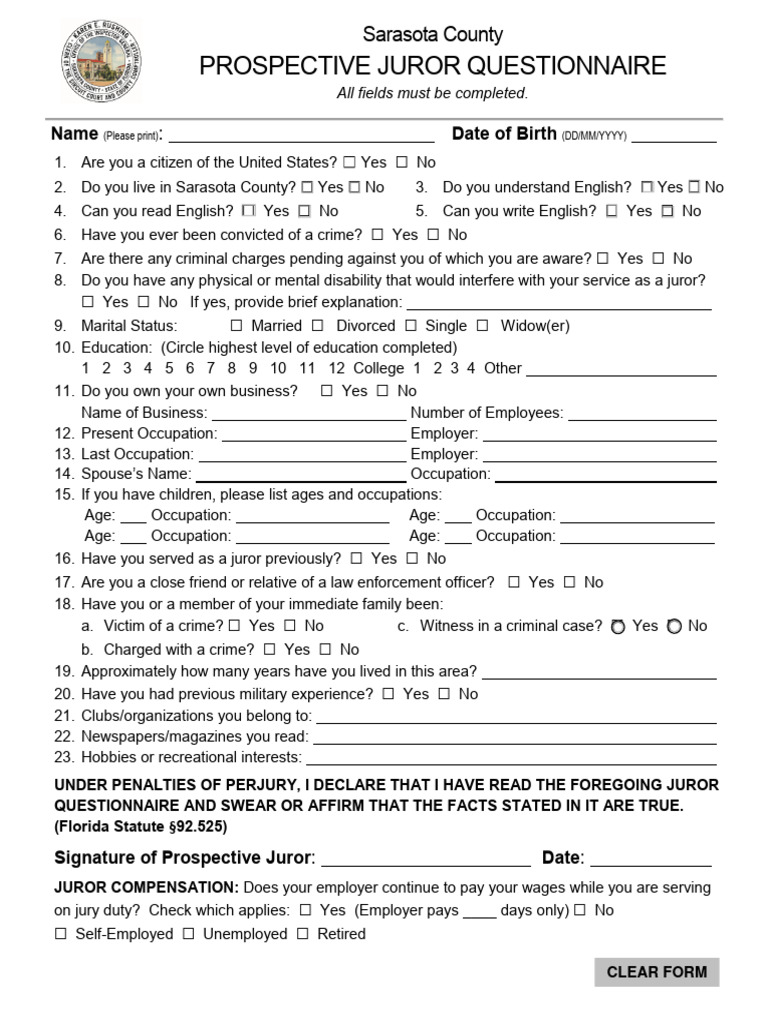 FORM Juror Questionnaire | PDF | Employment | Crimes