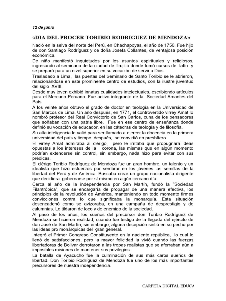 Toribio Rodríguez de Mendoza: Libertador del Perú | PDF | Ciencias ...