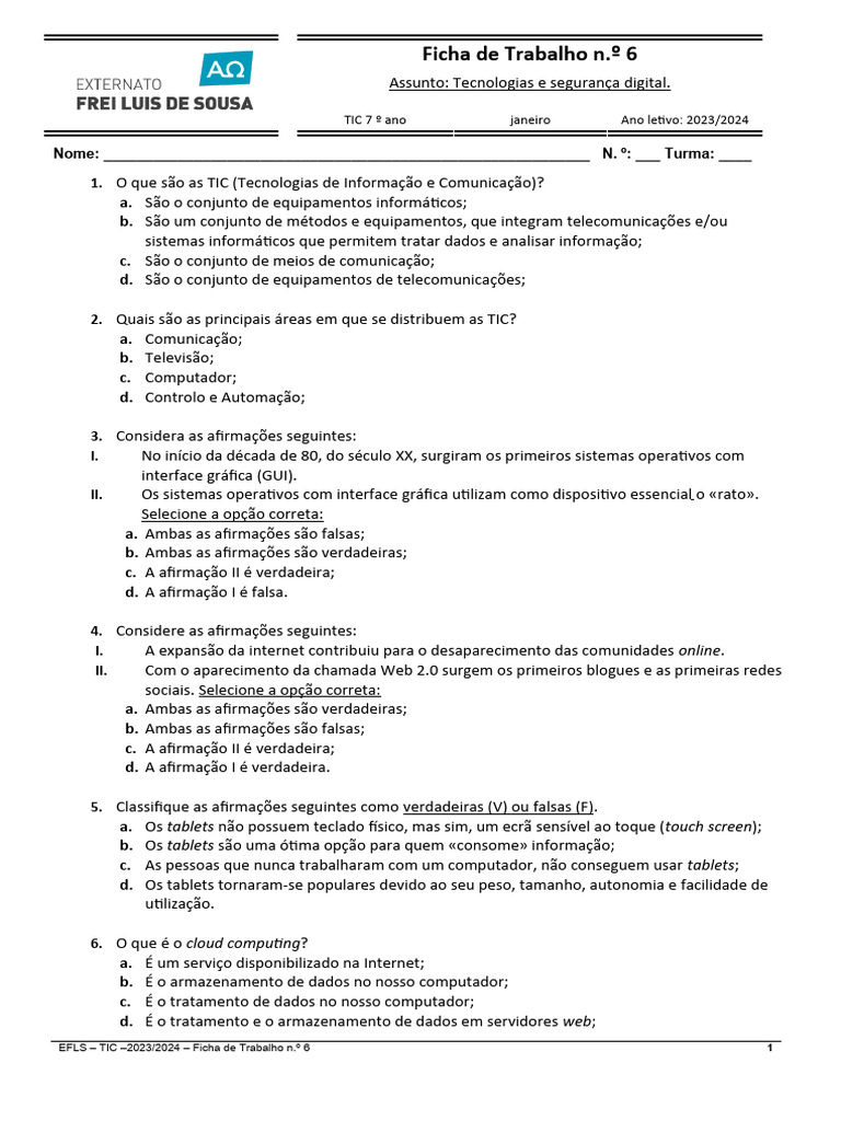 Ficha 06 - TIC 7ºano | PDF | Tecnologia da Informação e Comunicação ...