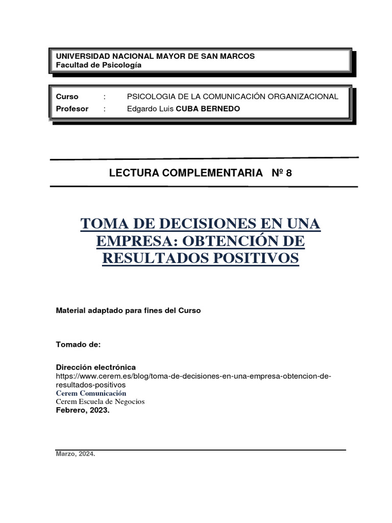 4 Lectura Complementaria 8 | PDF | Toma de decisiones | Business