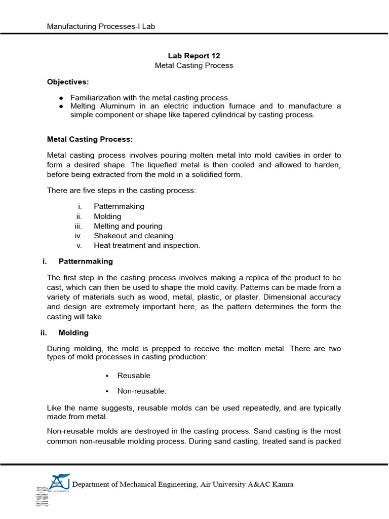 Lab 12 (Manufacturing Processes-I BEME-F22 Spring 2024) | PDF | Casting | Inductor