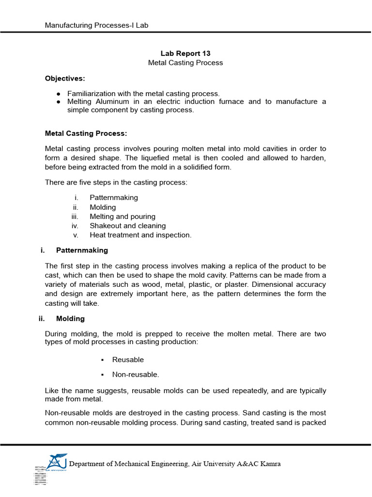 Lab 13 (Manufacturing Processes-I BEME-F22 Spring 2024) | PDF | Inductor | Casting