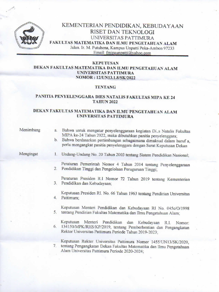 4. a. Panitia Dies Natalis FMIPA Tahun 2022 - SK Dekan No. 12-UN13.1.8-SK-2022 | PDF