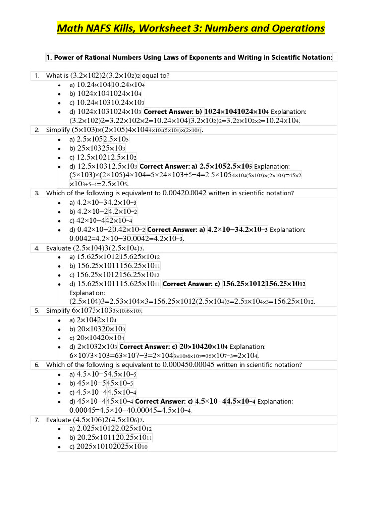 NAFS Math Worksheet: Numbers & Operations | PDF | Ratio | Elementary ...
