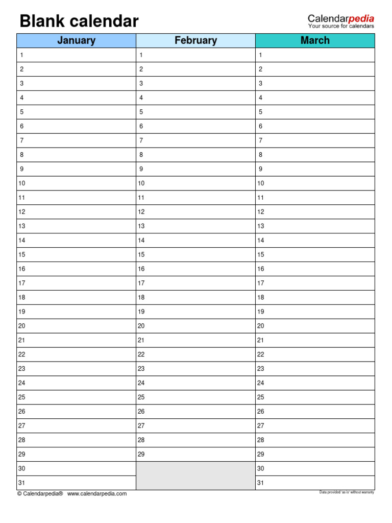 Blank Calendar Portrait 4 Pages | PDF