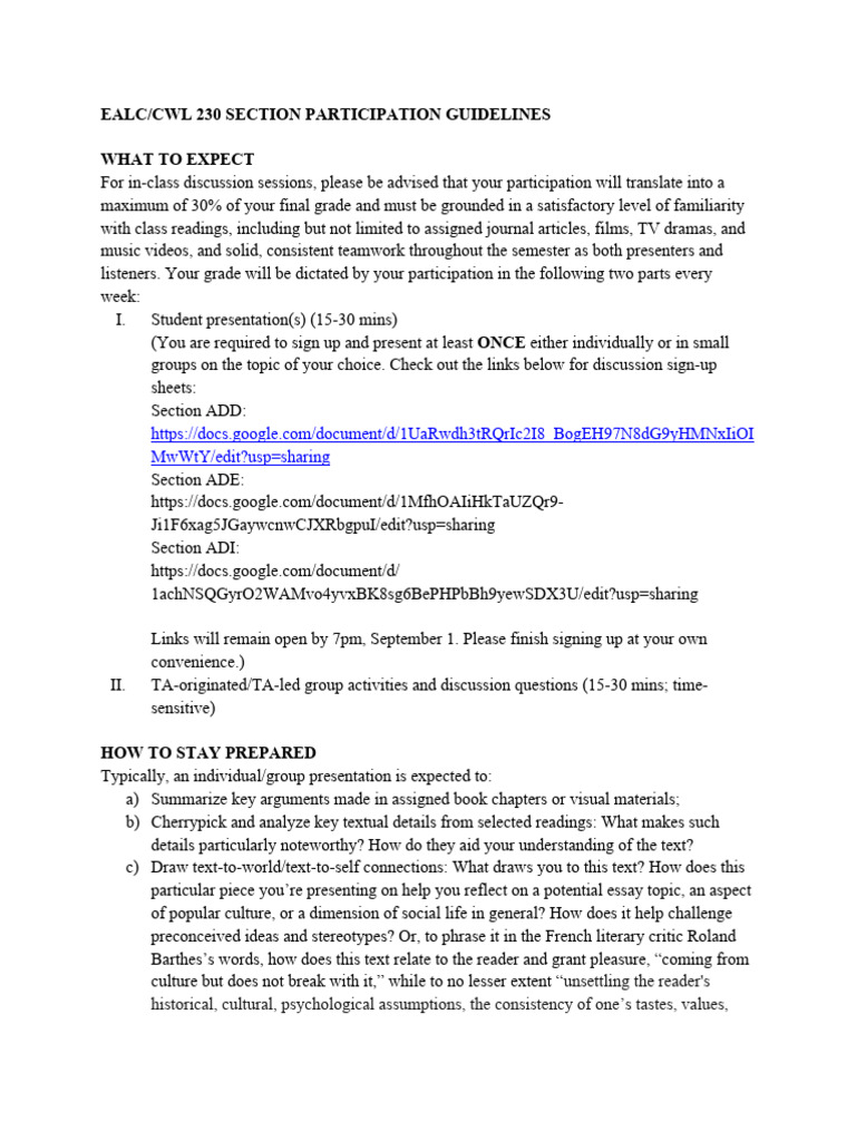 EALC 230 Participation Guidelines | PDF | Cognition | Human Communication