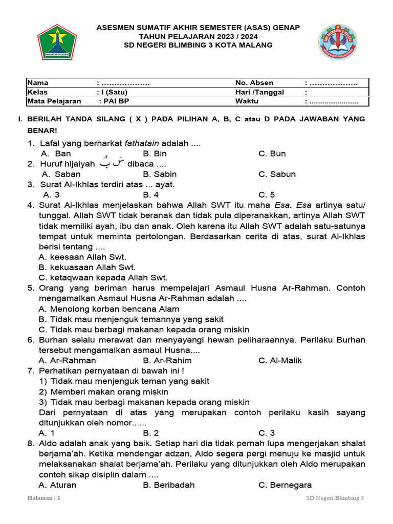 Soal Sat Kelas 1 Semester 2 | PDF