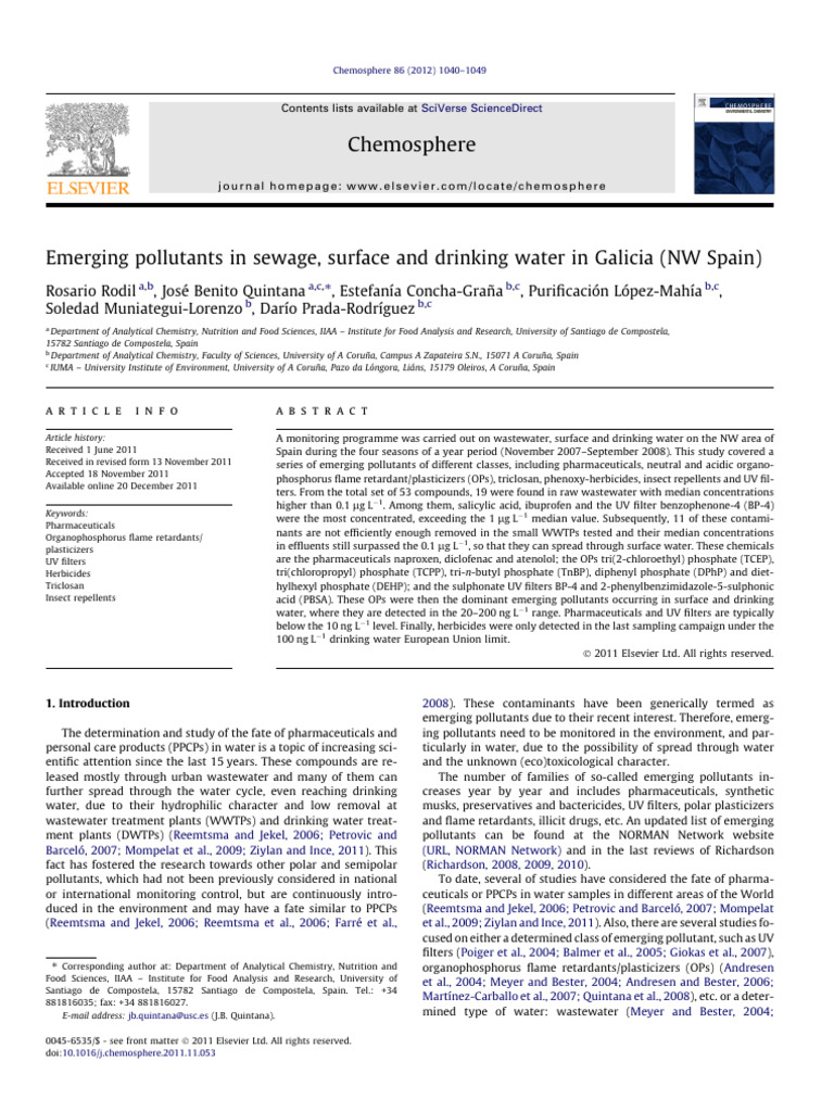 Emerging Pollutants in Sewage, Surface and Drinking Water in Galicia ...