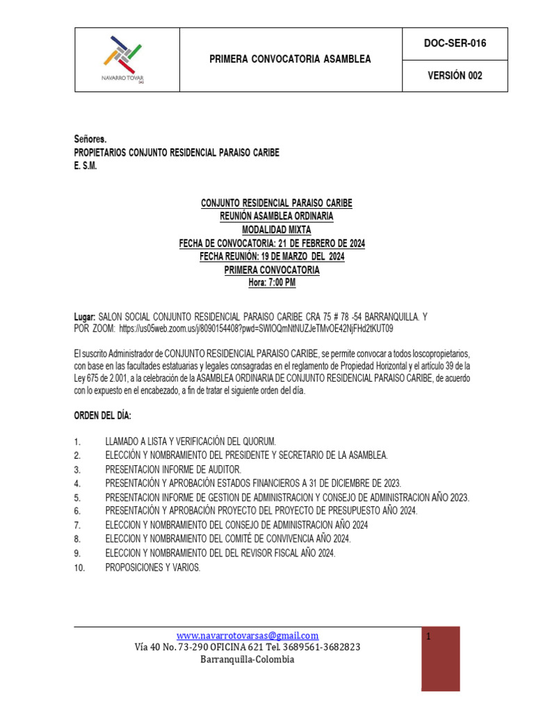 Convocatoria Asamblea Ordinaria 2024 | PDF | Condominio | Propiedad