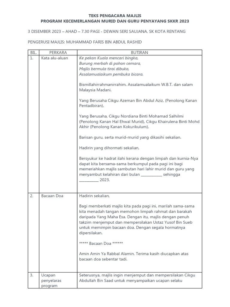 Skrip MC Majlis Hari Jadi SKKR 2023 | PDF