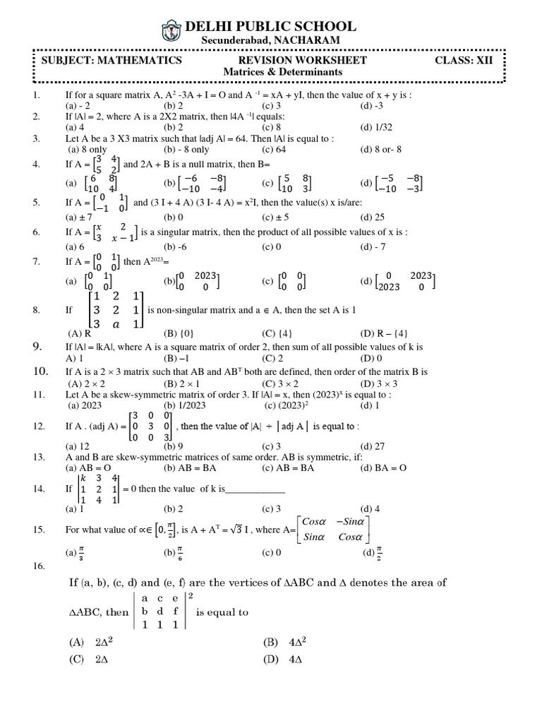 Matrices & Determinants Worksheet | PDF | Matrix (Mathematics ...