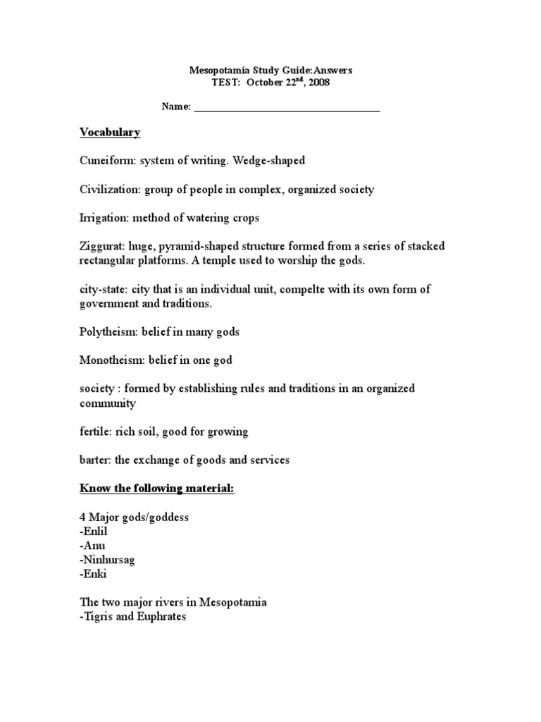 Mesopotamia Study Guide-Completed | PDF | Mesopotamia | Religion And Belief
