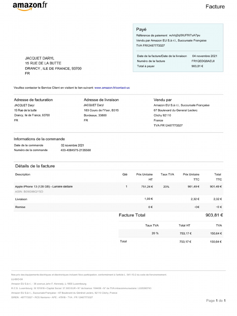 Facture Iphone 13 Blanc M | PDF