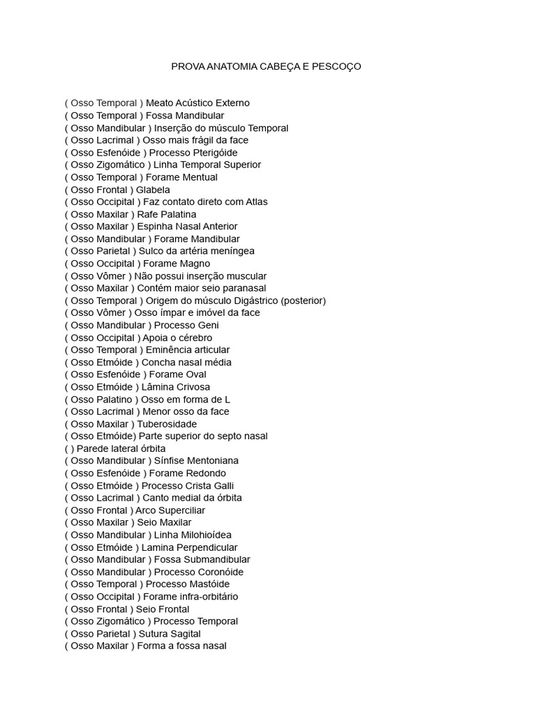 Prova Anatomia Cabeça E Pescoço Pdf Anatomia Cabeça E Pescoço Humano