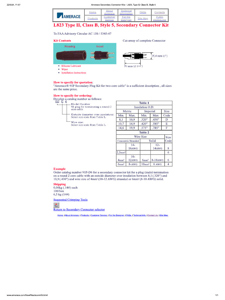Amerace Secondary Connector Kits - L823, Type II, Class B, Style 5 | PDF