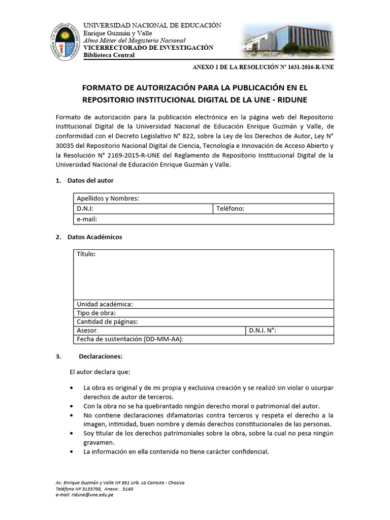 Anexo 1 - Formato de Autorizacion para Publicar en El Ridune 1 Autor Monografía | PDF