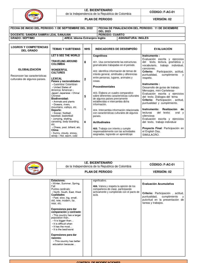 Plan Cuarto Periodo Inglés | PDF | Comunicación humana | Lingüística