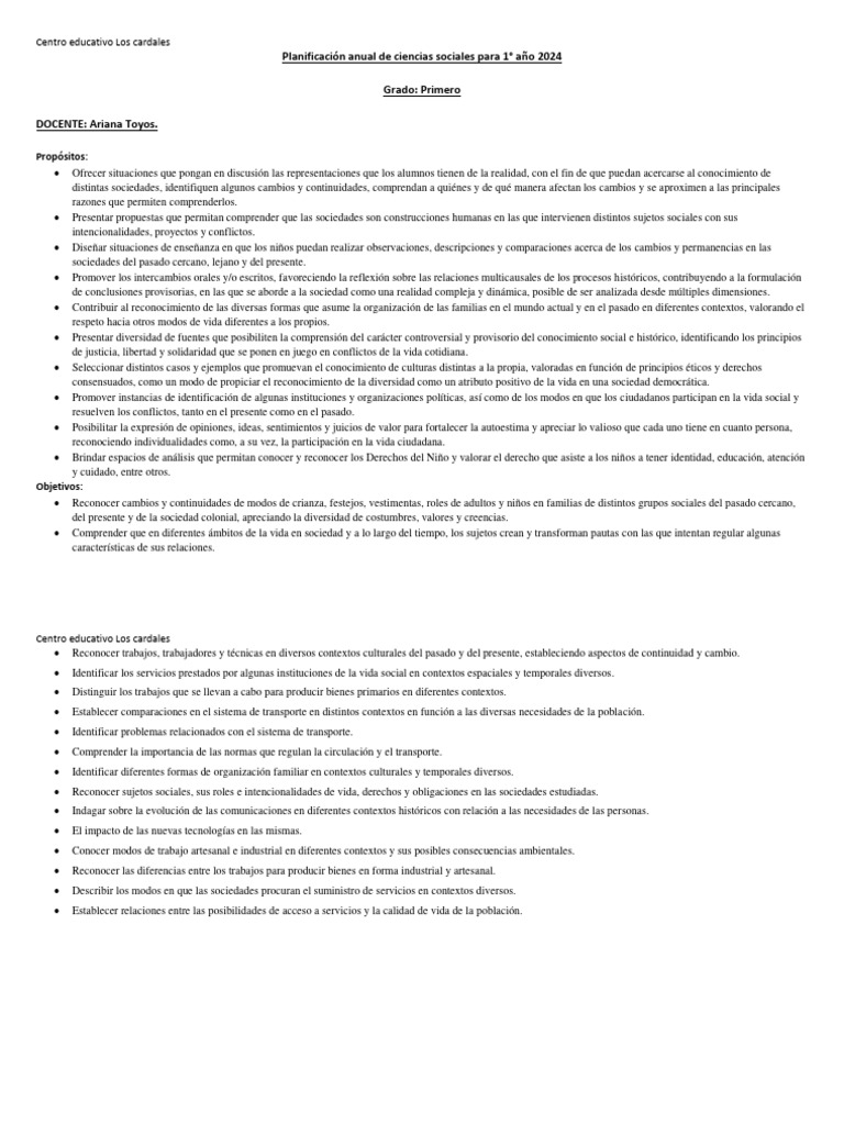 Planif Anual de C.S 1° 2024 CELC | PDF | Sociedad | Conocimiento