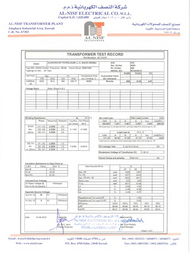 Step Up Multitap Transformer Test Certificate | PDF