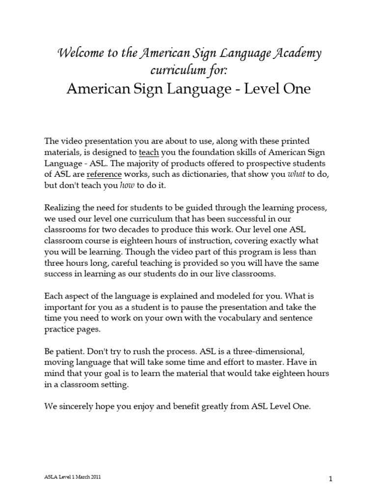 ASL Level 1 Curriculum Overview | PDF | American Sign Language